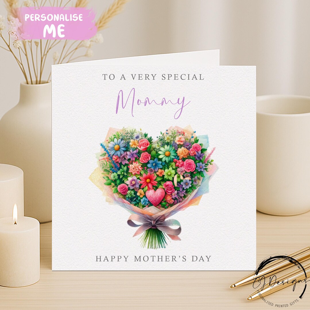 Mommy Mother's Day Card -watercolour Heart Flower Bouquet ANY WORDING 6 ...