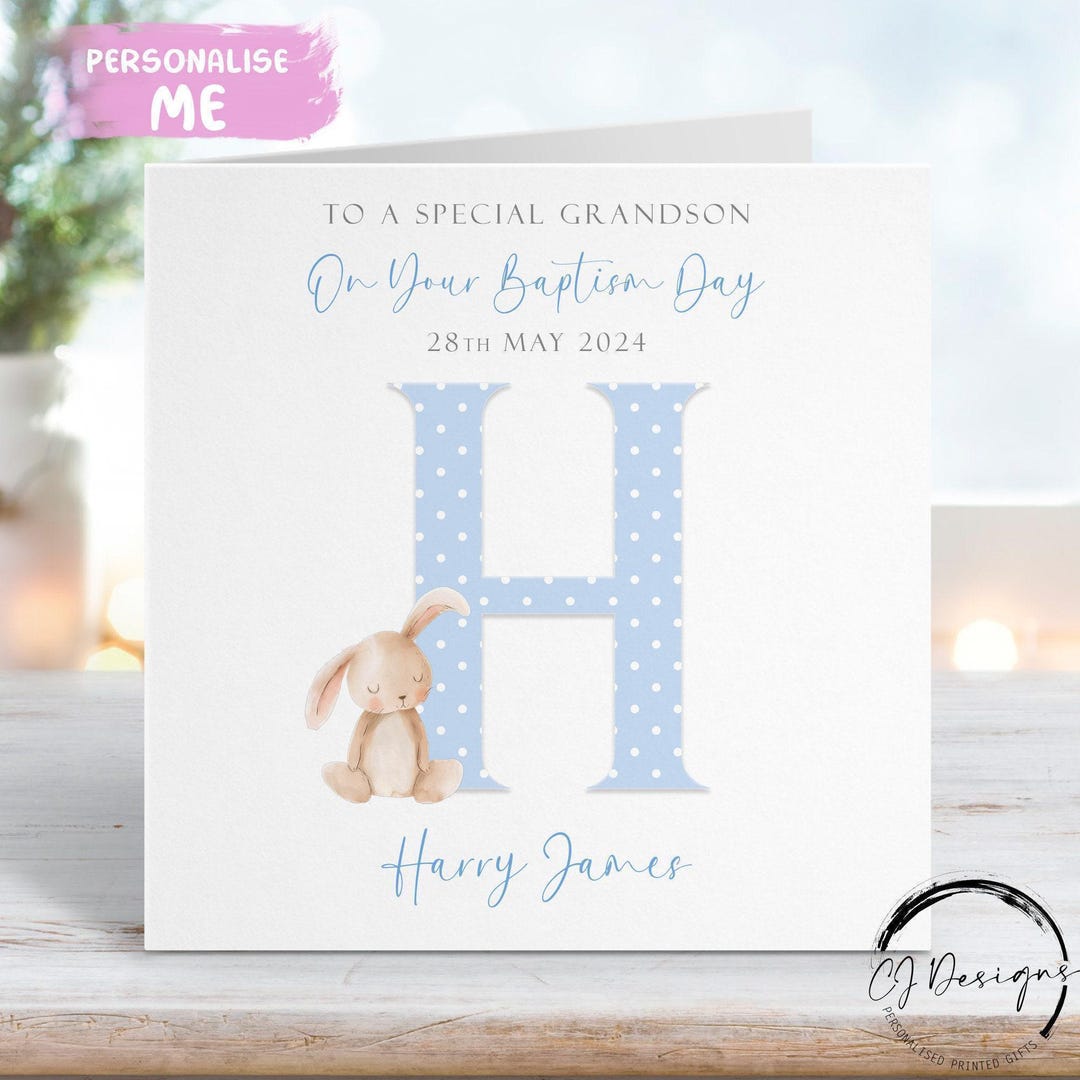 Personalised Grandson Baptism Card, Blue Initial Name and Date Bunny - Etsy
