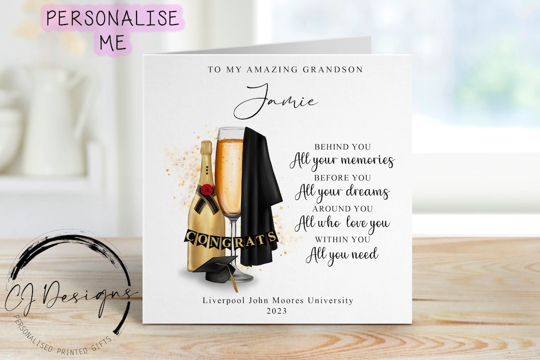 Personalised Grandson Graduation Card- With Cap, Gown & Glass- Name and ...