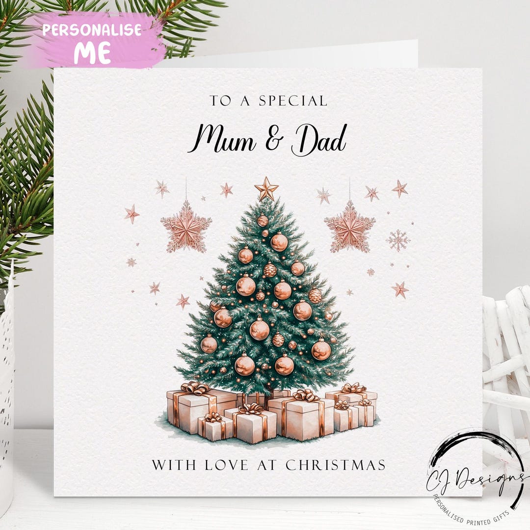 Mum & Dad Christmas Card Parents Rose Gold Colour Theme Tree and Gifts ...