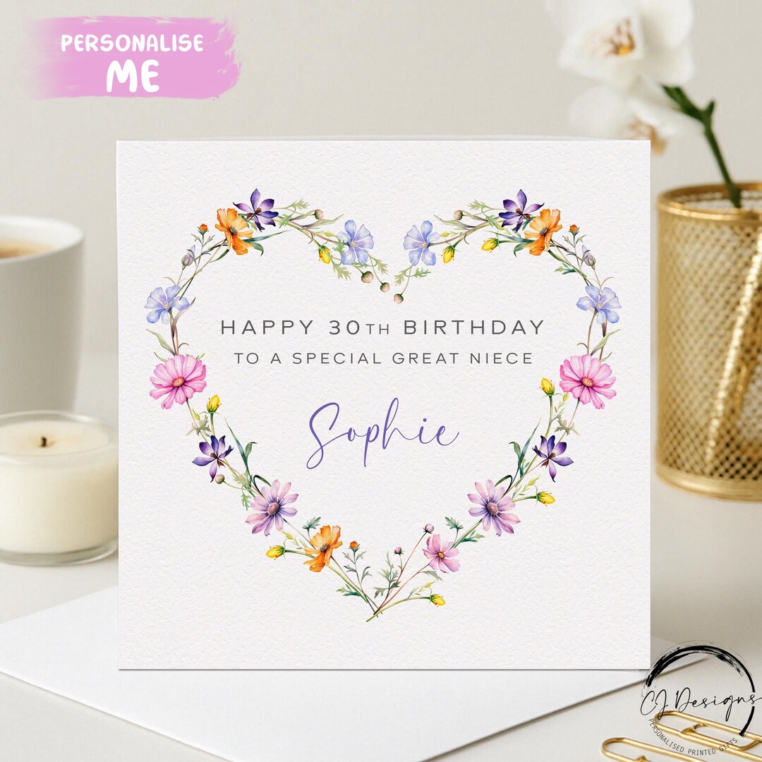 Birthday Card for Great-niece Personalised Wildflower Heart Floral Any ...