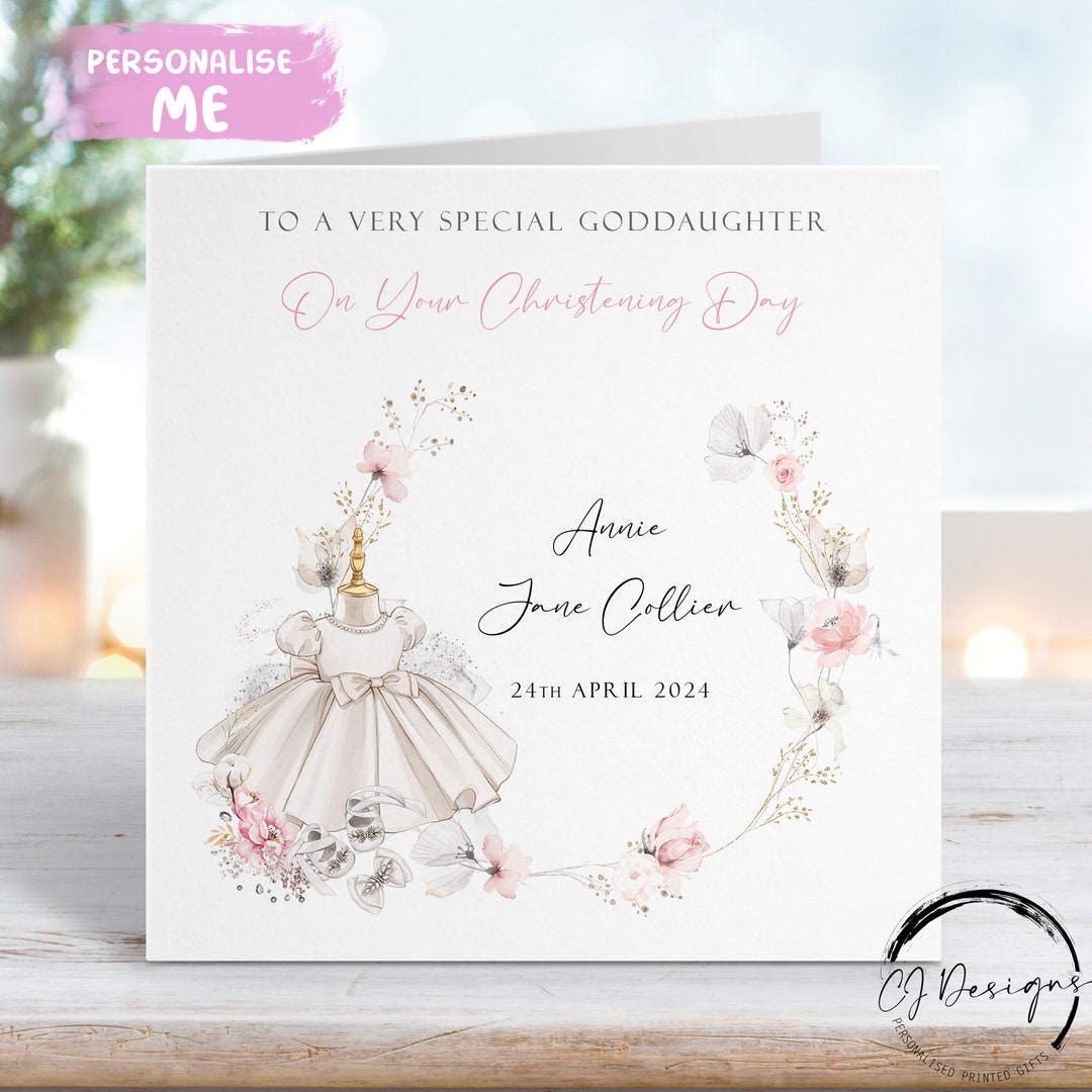 Personalised Goddaughter Christening Card, Floral Wreath- Name and Date ...