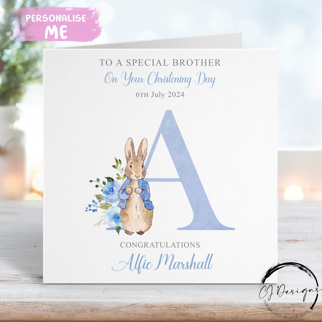 Personalised Peter Rabbit Brother Christening Card, Initial Name and ...