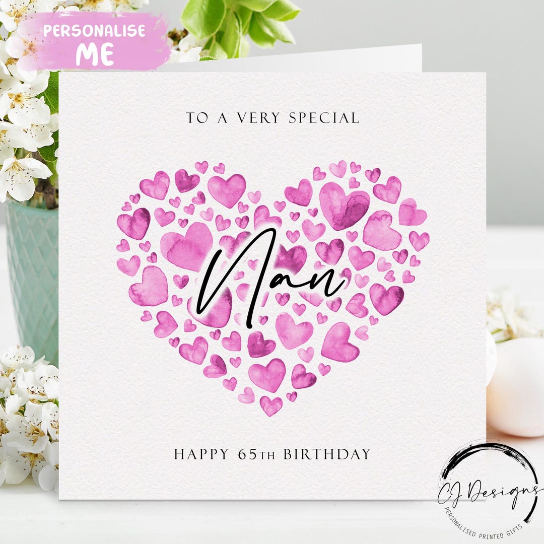 Personalised Nan Birthday Card, Pink Hearts ANY WORDING /AGE 40th 45th ...