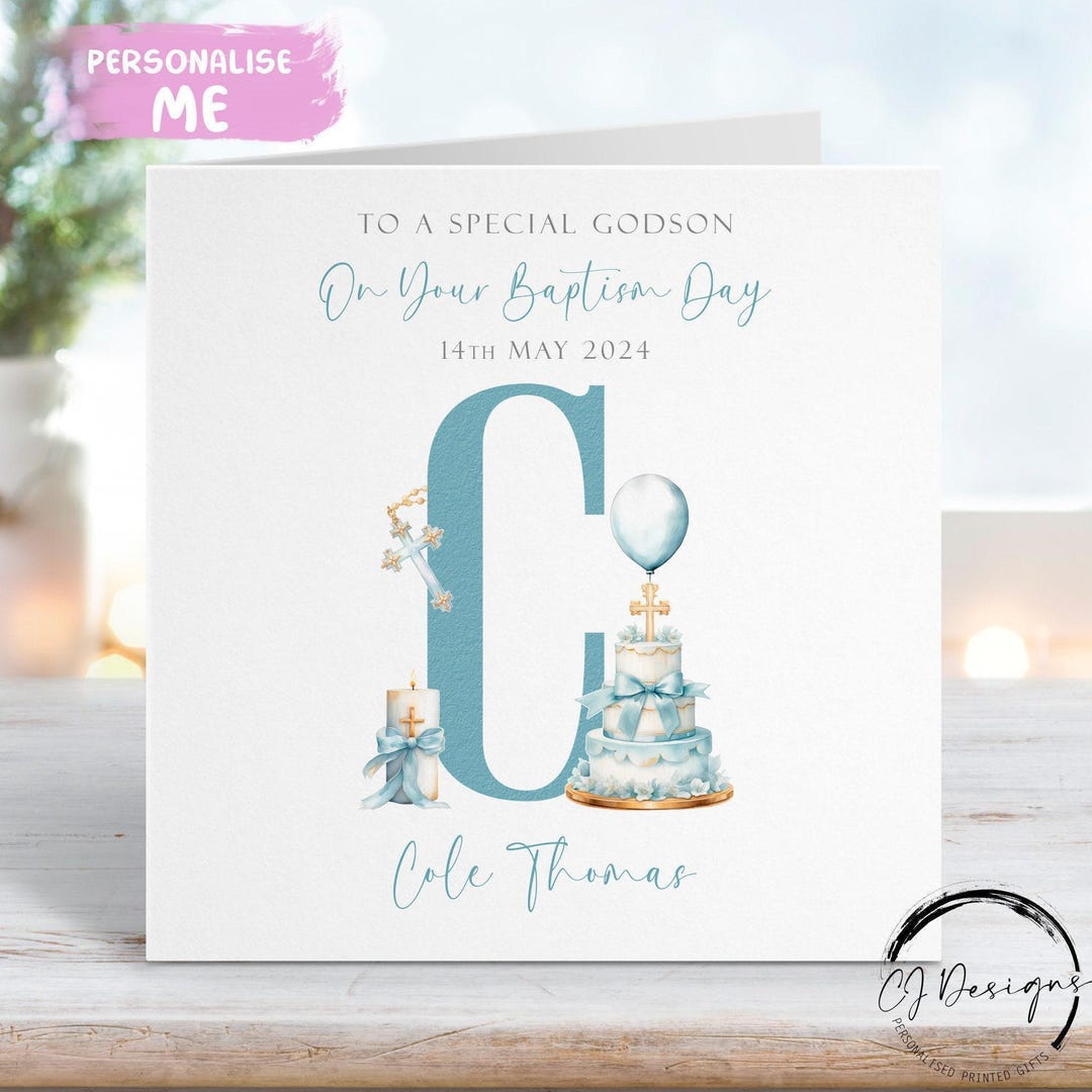 Personalised Godson Baptism Card, Blue Initial Name and Date - Etsy UK
