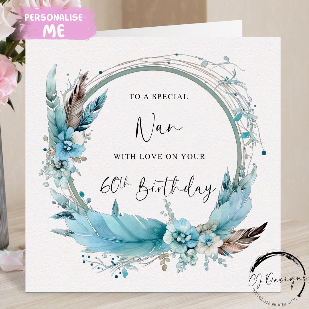 Personalised Nan Birthday Card Blue Feathers & Flower Frame/ Wreath Any ...
