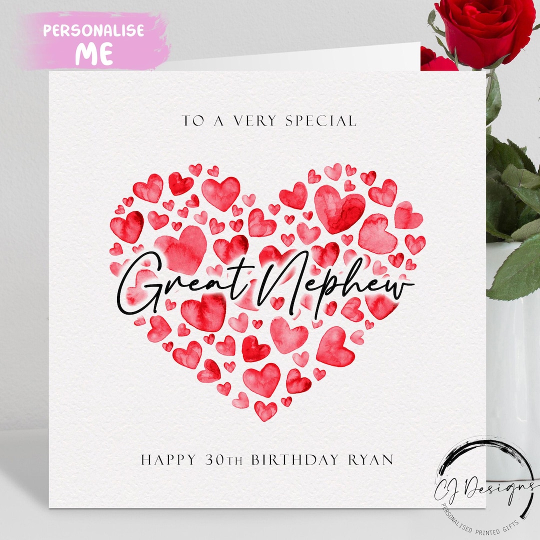 Personalised Great Nephew Birthday Card, Red Hearts ANY WORDING Any Age ...