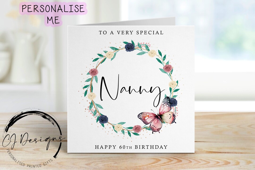 Personalised Nanny Birthday Card rustic Floral Butterfly Wreath Any Age ...