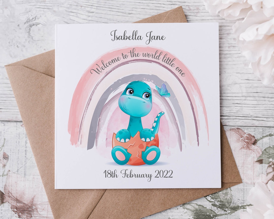 Personalised Cute Dinosaur New Baby Boy/girl Congratulations Card Pink ...