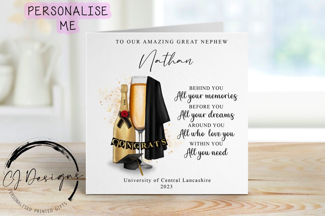 Personalised Great Nephew Graduation Card- With Cap, Gown & Glass- Name ...