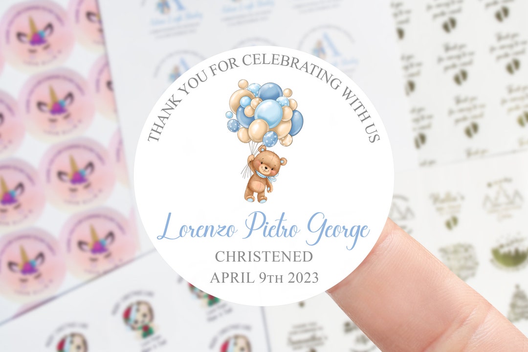 Personalised Christening Stickers - Boys Teddy With Blue Balloons ...