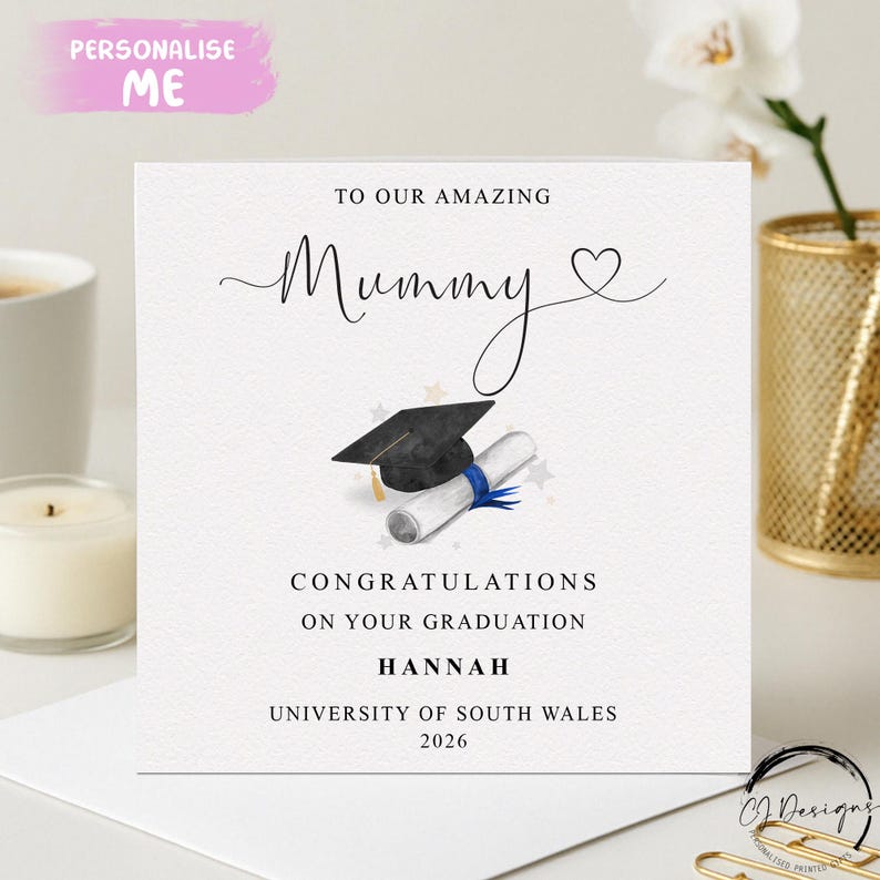 Personalised Mummy Graduation Card- Cap & Gold Ribbon Scroll- Name and ...