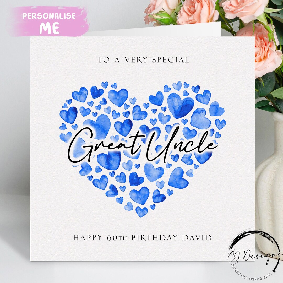 Personalised Great Uncle Birthday Card, Blue Hearts ANY WORDING /AGE ...