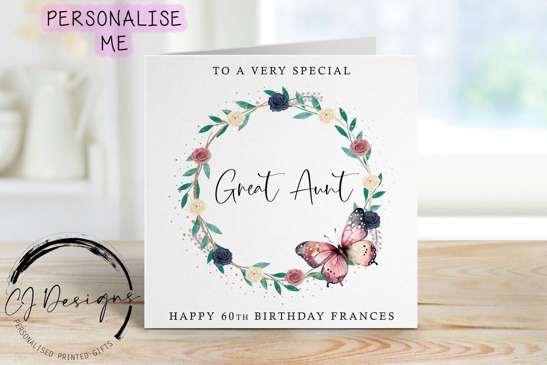 Personalised Great Aunt Birthday Card -rustic Floral Butterfly Wreath ...