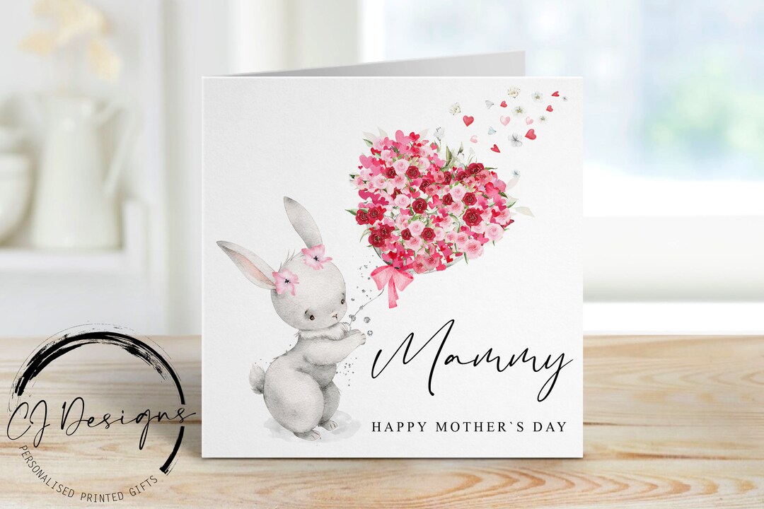 Mammy Mothers Day Card Cute Bunny With Flower Heart Balloon Card for ...