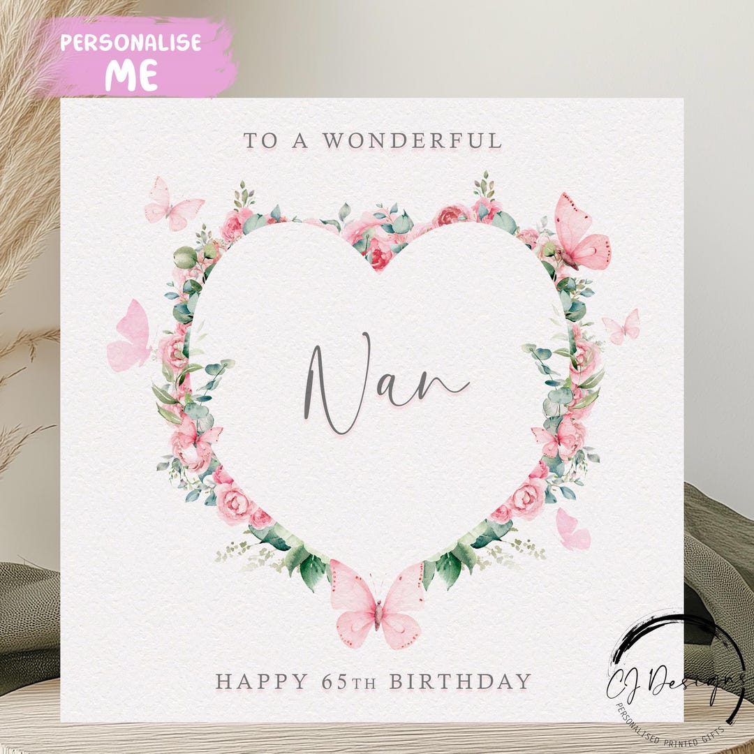 Birthday Card for Nan Personalised Pink Flower & Butterfly Heart Frame ...