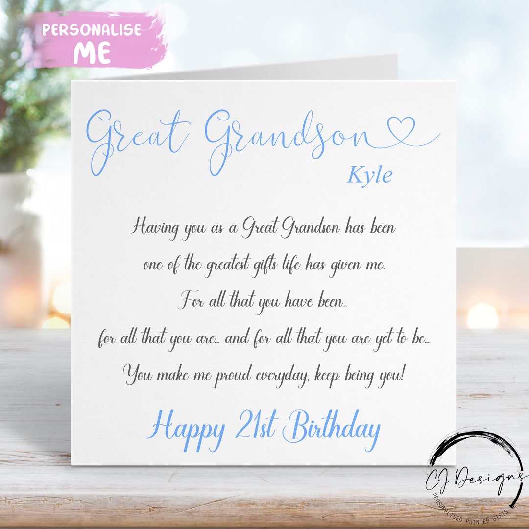 Personalised Great Grandson Birthday Card- Poem, Quote Card- Keepsake ...