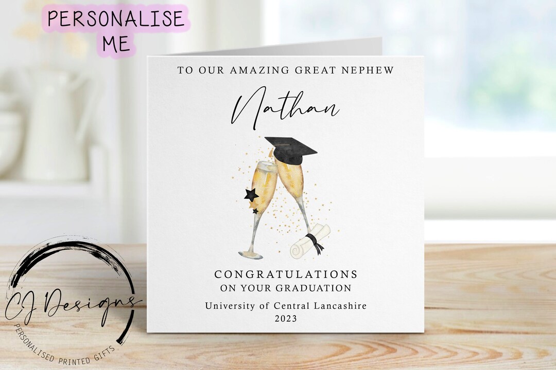 Personalised Great Nephew Graduation Card- With Cap, Scroll & Champagne ...