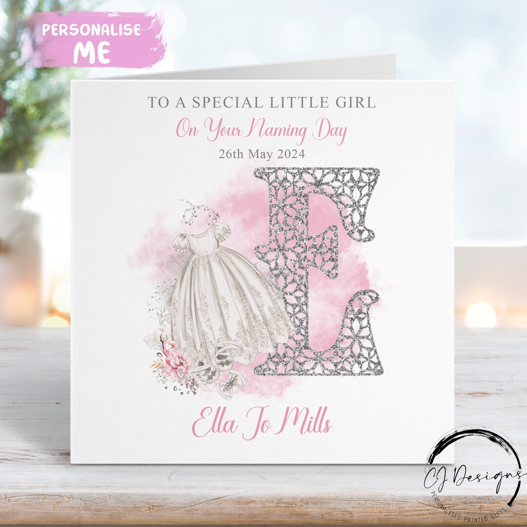 Personalised Little Girl Naming Day Card, Initial Name and Date ...