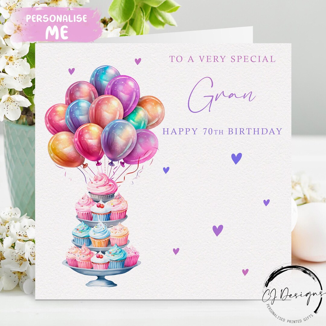 Personalised Gran Birthday Card Multi-coloured Design Cakes & Balloons ...