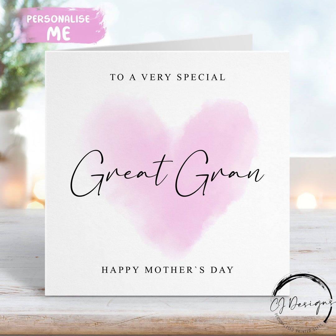 Great Gran Mothers Day Card -love Pink Heart Special Great Gran ANY ...