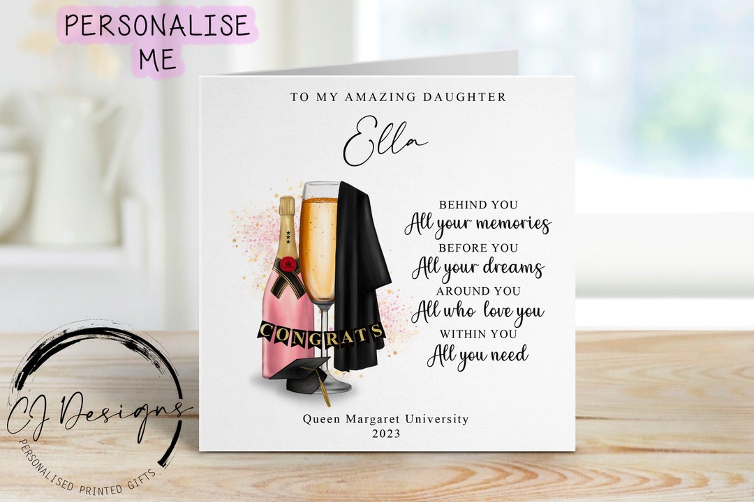 Personalised Daughter Graduation Card- With Cap, Gown & Pink Champagne ...