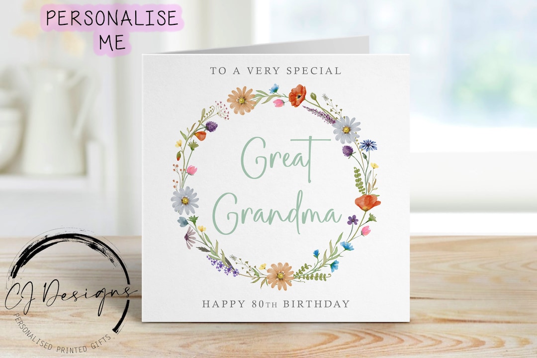 Personalised Great Grandma Birthday Card -wild Flowers Wreath - Any Age ...