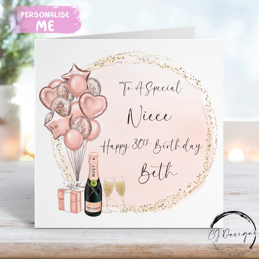 Personalised Niece Birthday Card Rose Gold & Gold Theme Balloons Any ...