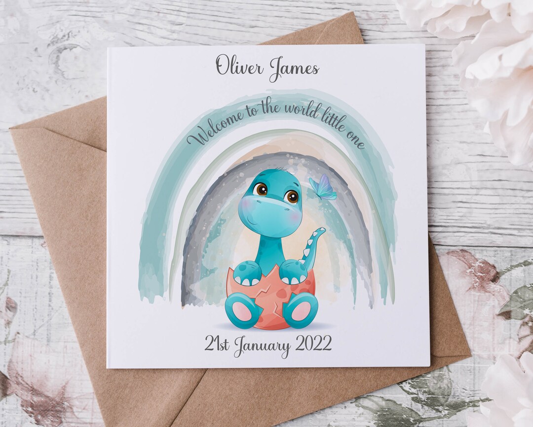 Personalised Cute Dinosaur New Baby Boy/girl Congratulations Card Pink ...