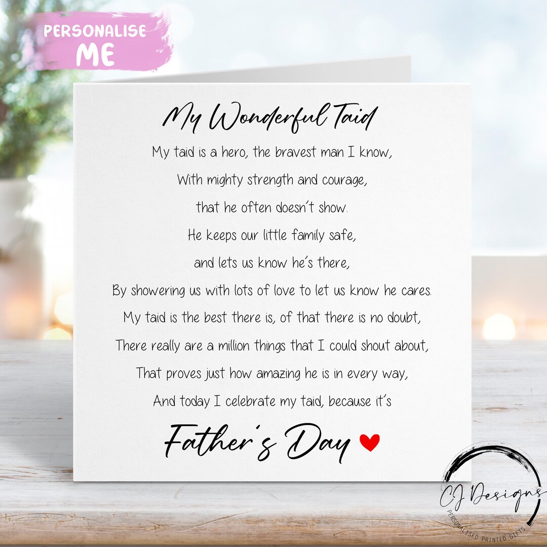 Taid Poem Fathers Day Card,- My Taid is a Hero Verse Card With Red ...