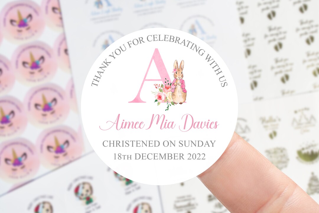 Personalised Christening Stickers - Girls Pink Peter Rabbit Alphabet ...