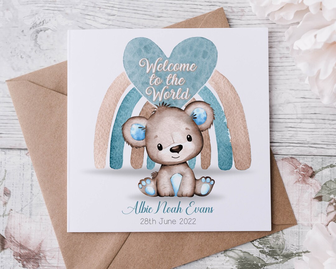 Personalised New Baby Card Cute Blue Teddy Bear Boy/girl ...