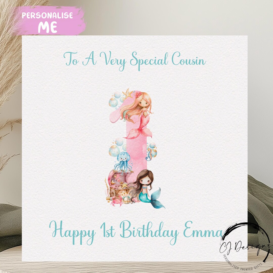 Personalised Cousin Birthday Card, Pink Mermaid Name/any Age Greeting ...