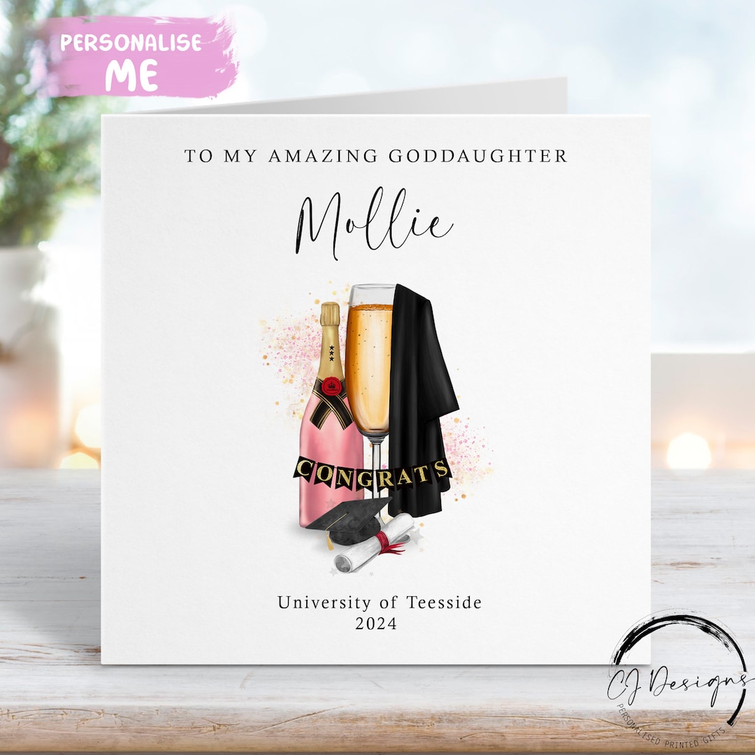 Personalised Goddaughter Graduation Card- With Cap, Scroll, Gown & Pink ...