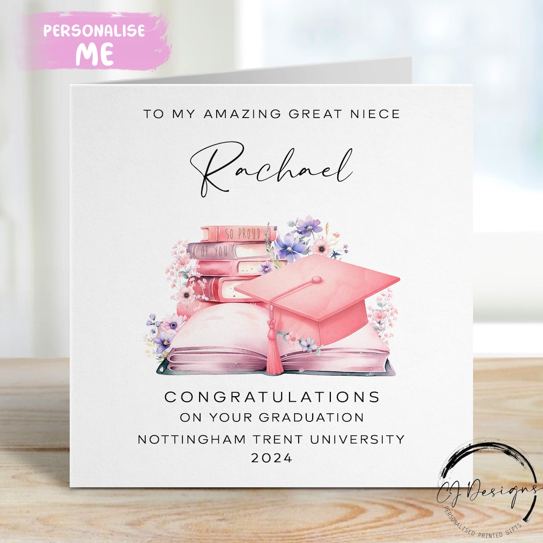 Personalised Great Niece Graduation Card- With Cap & Books Floral ...