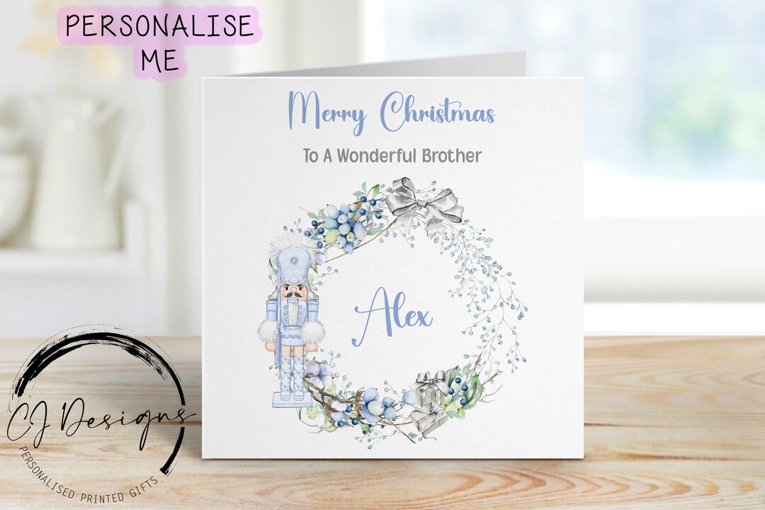 Personalised Christmas Card for Brother, Pastel Blue Theme Nutcracker ...