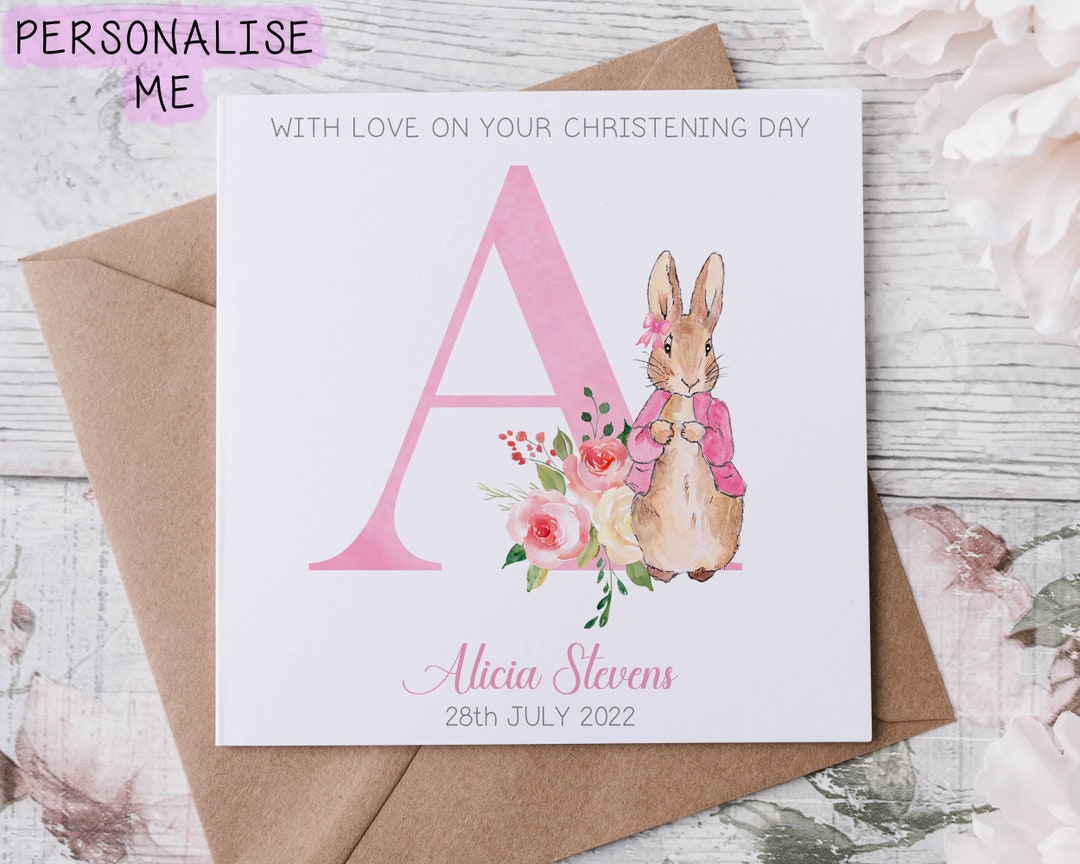 Personalised Peter Rabbit Christening Card, Initial Name and Date ...