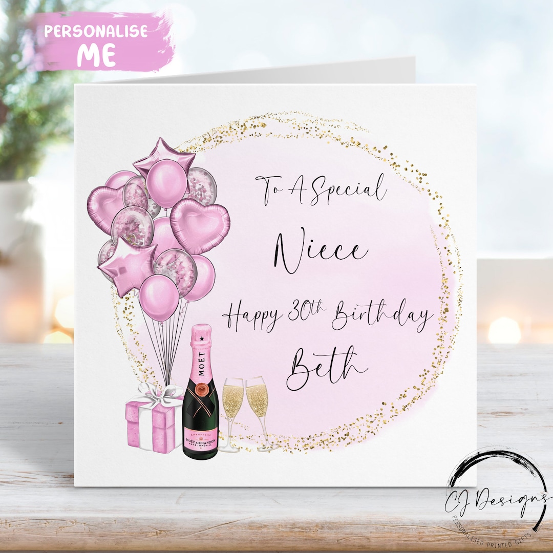 Personalised Niece Birthday Card -pink & Gold Theme With Balloons Any ...