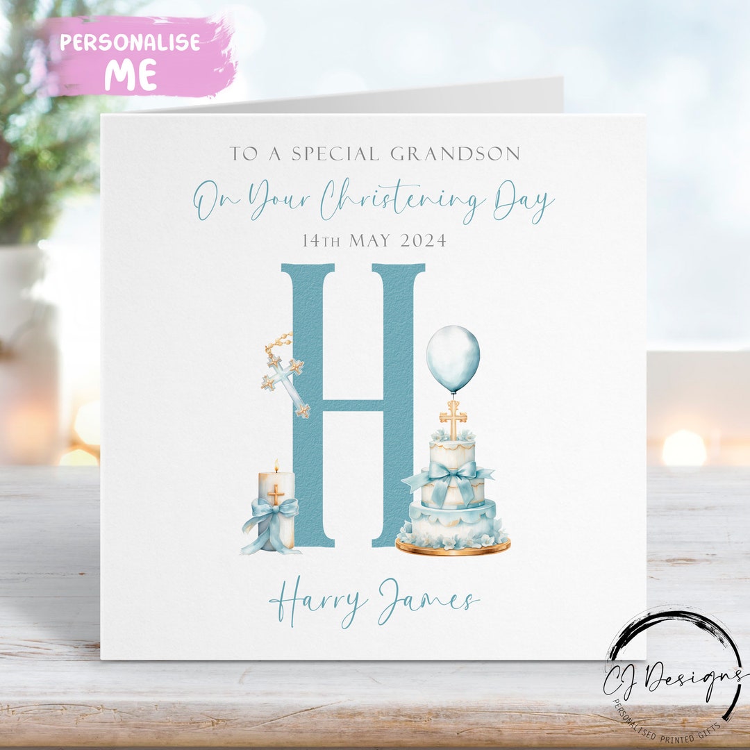 Personalised Grandson Christening Card, Initial Name and Date Greeting ...