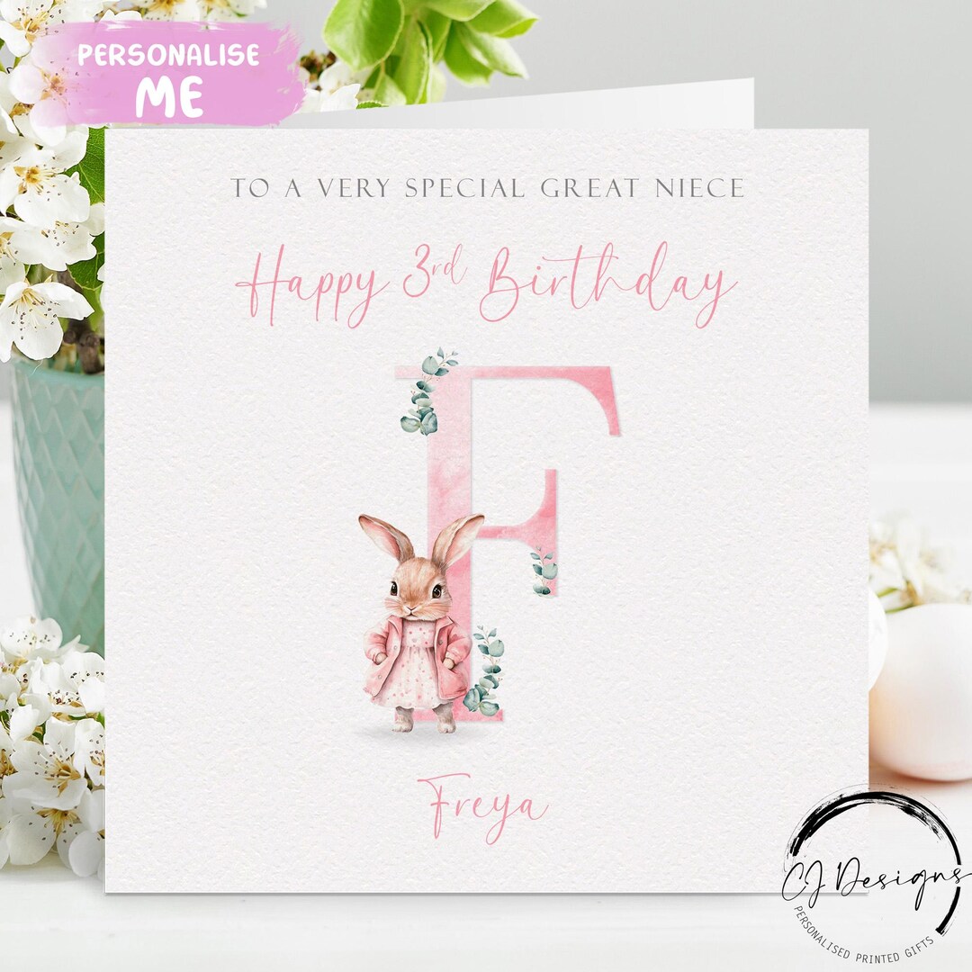 Personalised Great Niece Birthday Card, Initial Name/date Pink Bunny Rabbit Alphabet Greeting ...