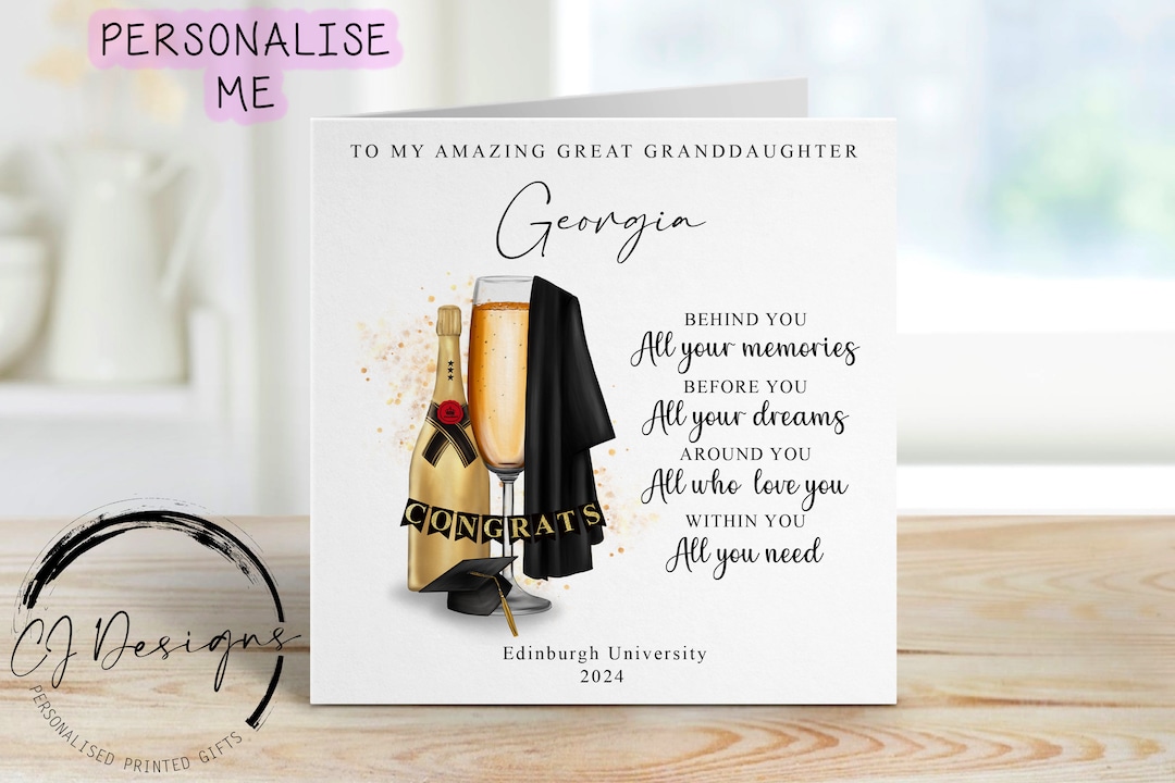 Personalised Great Granddaughter Graduation Card- With Cap, Gown ...