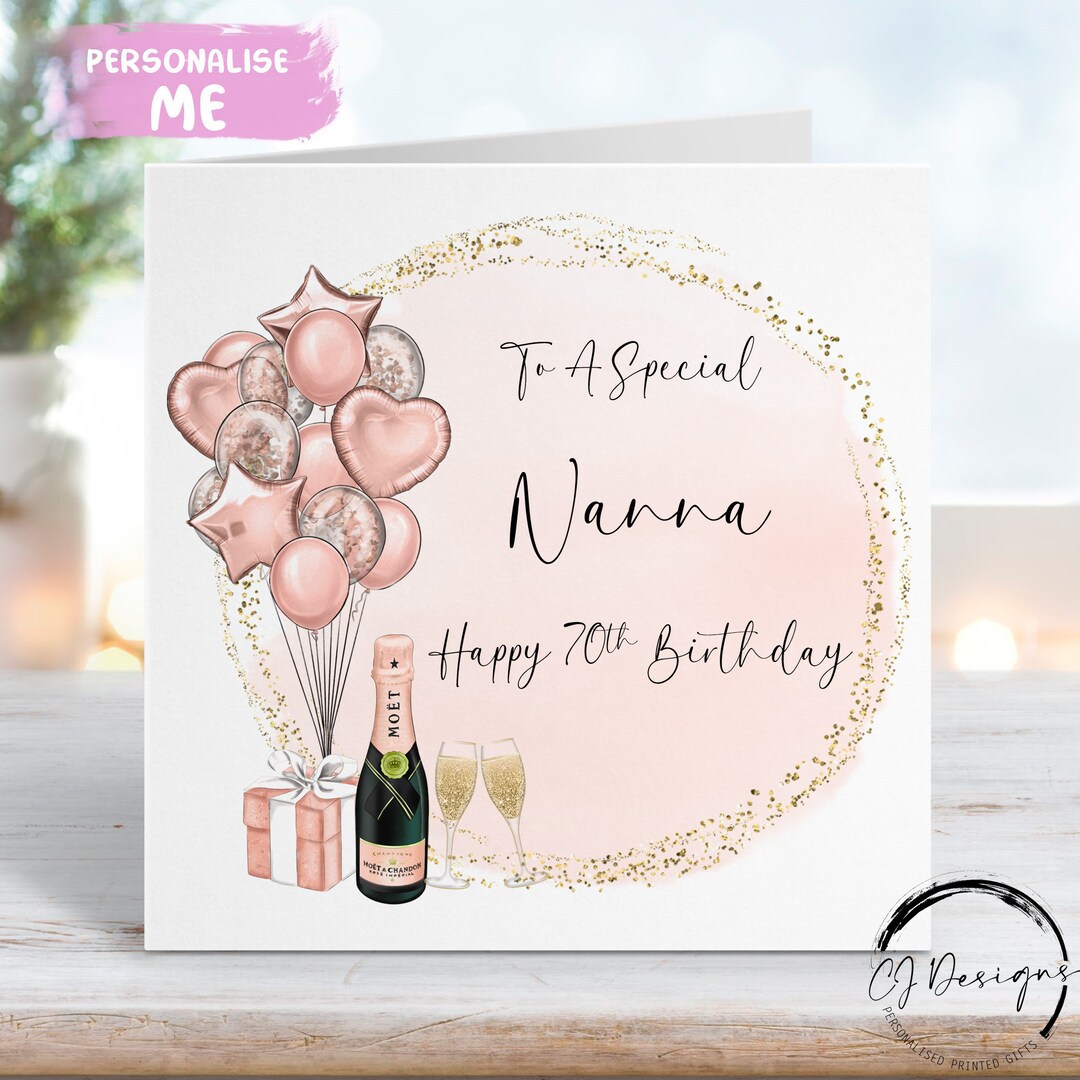 Personalised Nanna Birthday Card Rose Gold & Gold Theme Balloons Any ...