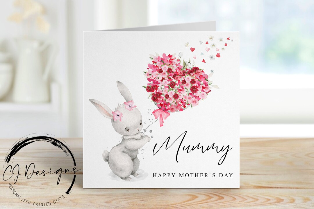 Mummy Mothers Day Card - Cute Bunny With Flower Heart Balloon - Card ...