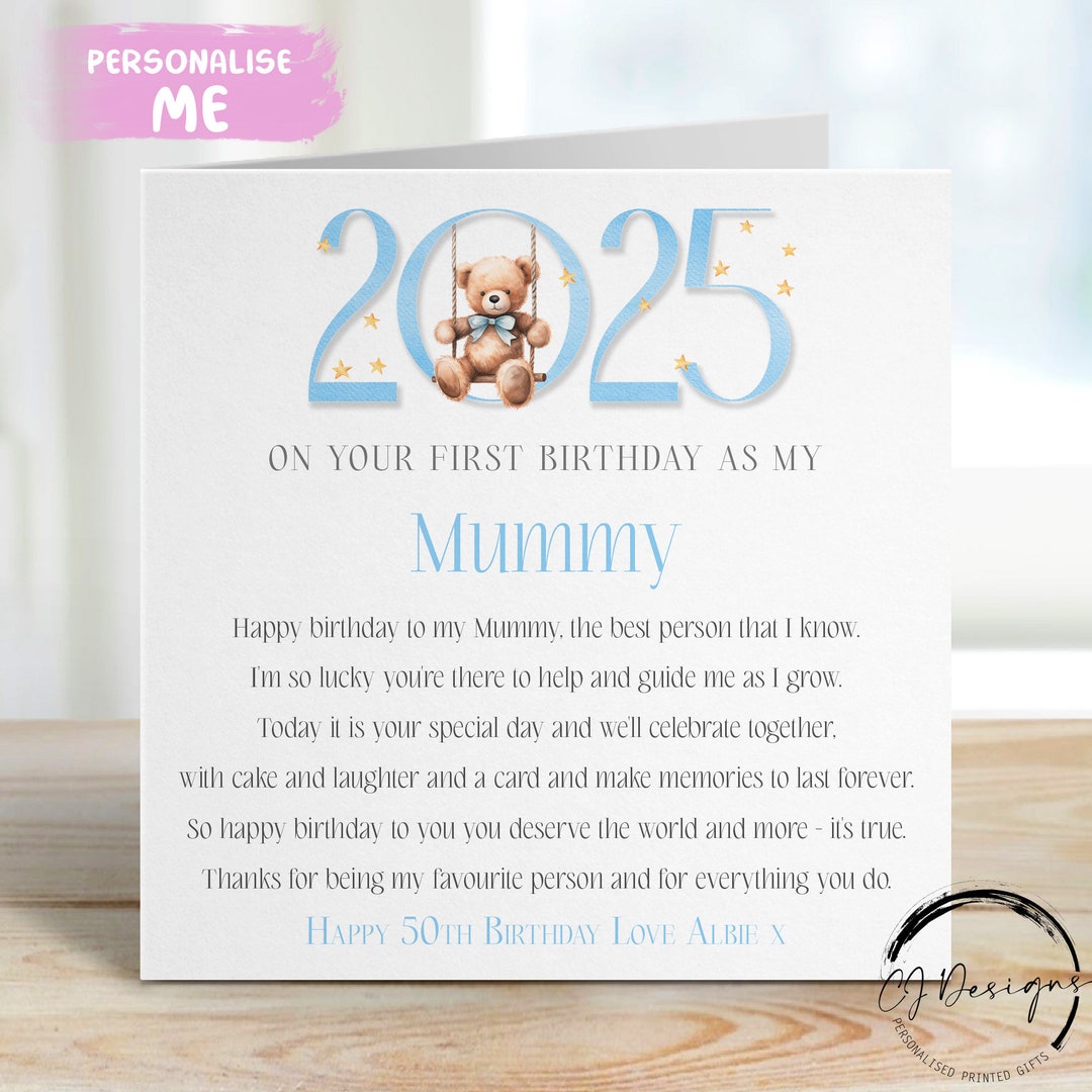 Personalised Mummy Birthday Card- Teddy Bear Blue 2025 First Birthday ...