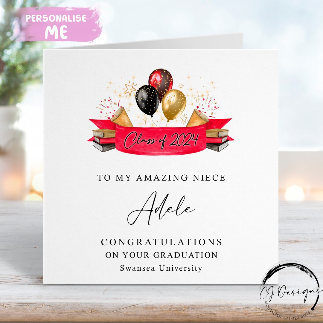 Personalised Niece Graduation Card- With Balloons Name and University ...