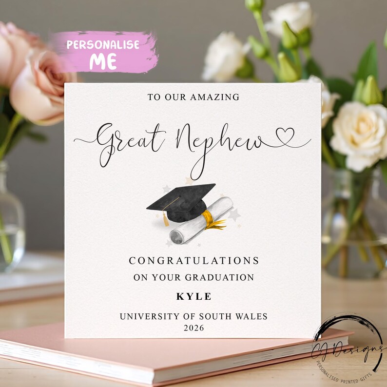 Personalised Great Nephew Graduation Card- Cap & Gold Ribbon Scroll ...