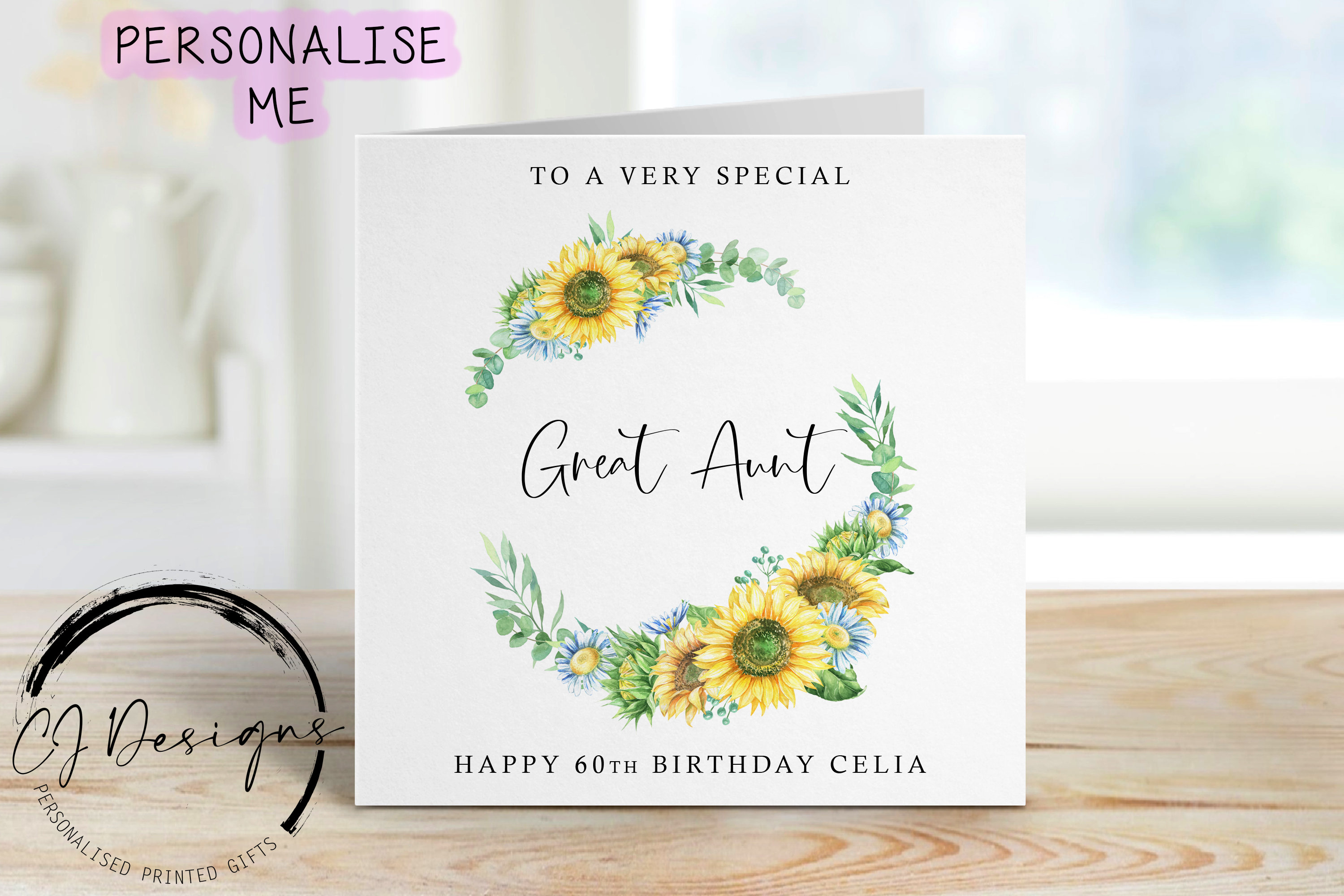Personalised Great Aunt Birthday Card -sunflower Wreath Any Age/name ...