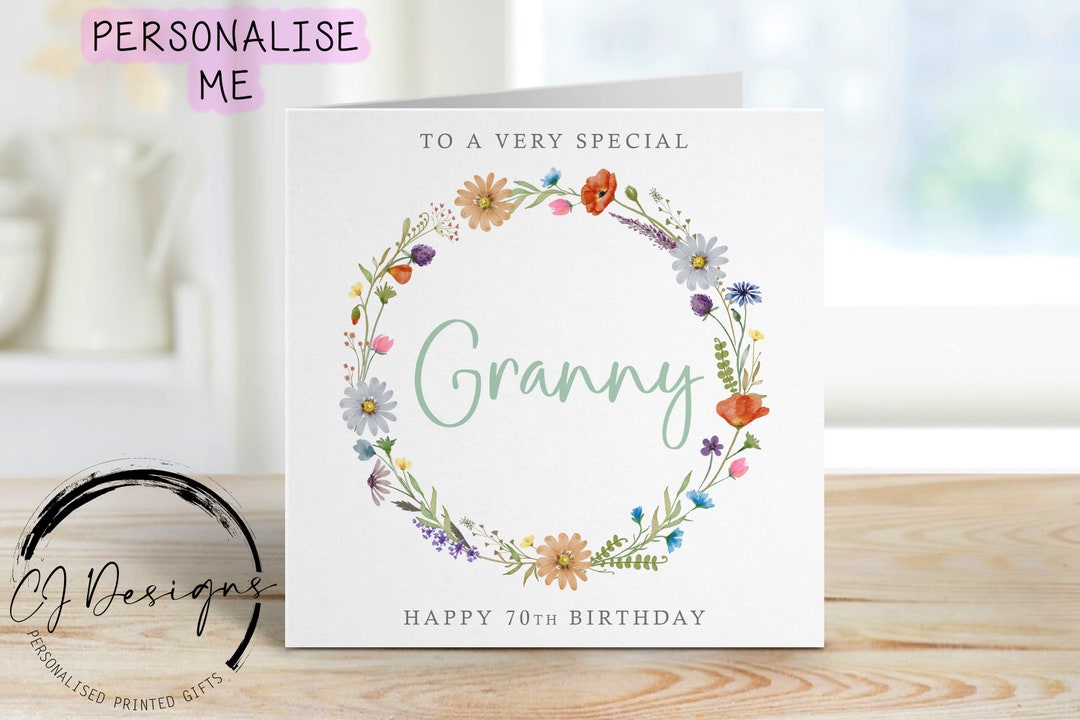 Birthday Card for Granny Personalised - Wild Flowers Wreath - Any Age ...