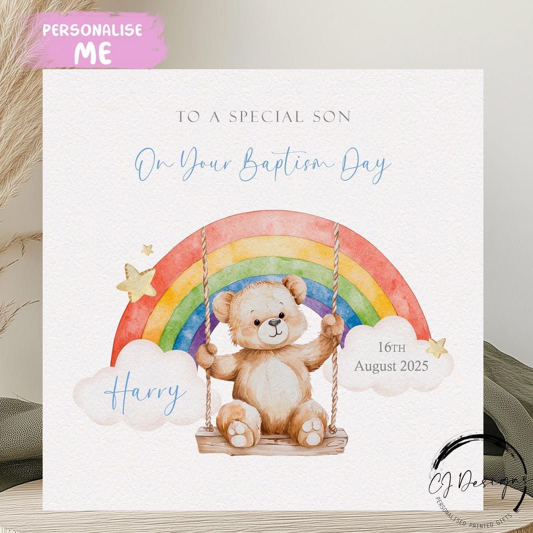 Personalised Son Baptism Card, Rainbow Teddy Bear With Name / Date ...