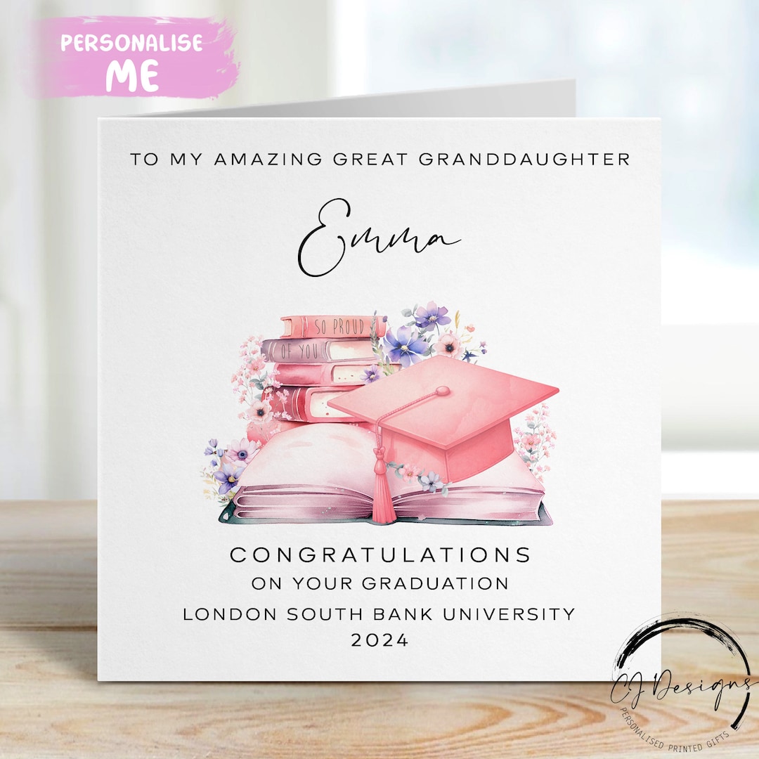 Personalised Great Granddaughter Graduation Card- With Cap & Books ...